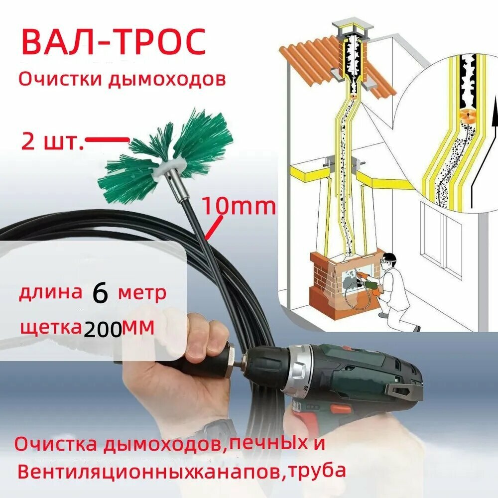 Вал-трос для механической чистки дымоходов и вентиляции. Длина 6 м. щетка диаметр 200 мм.