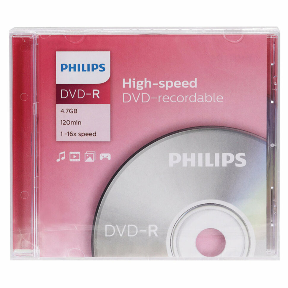 Диск DVD-R PHILIPS, 4,7 Гб, 16x, Slim Case (1 штука), DM4S6S01F/97, 514198