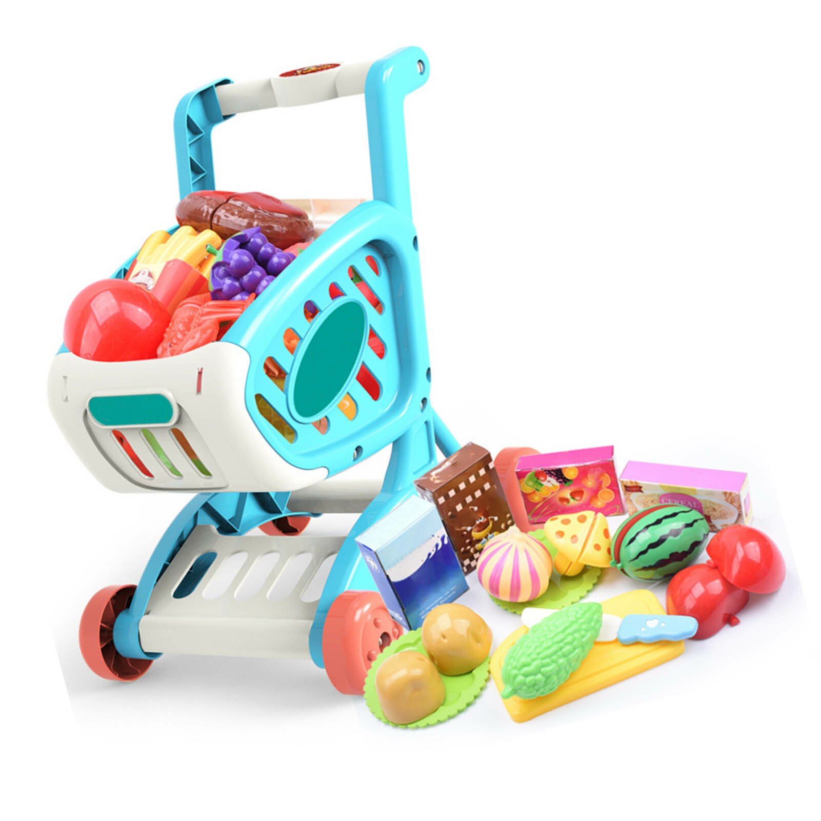 Детская игровая корзина для покупок с фруктами и овощами, яркие цвета, обучающая игрушка, синие детали