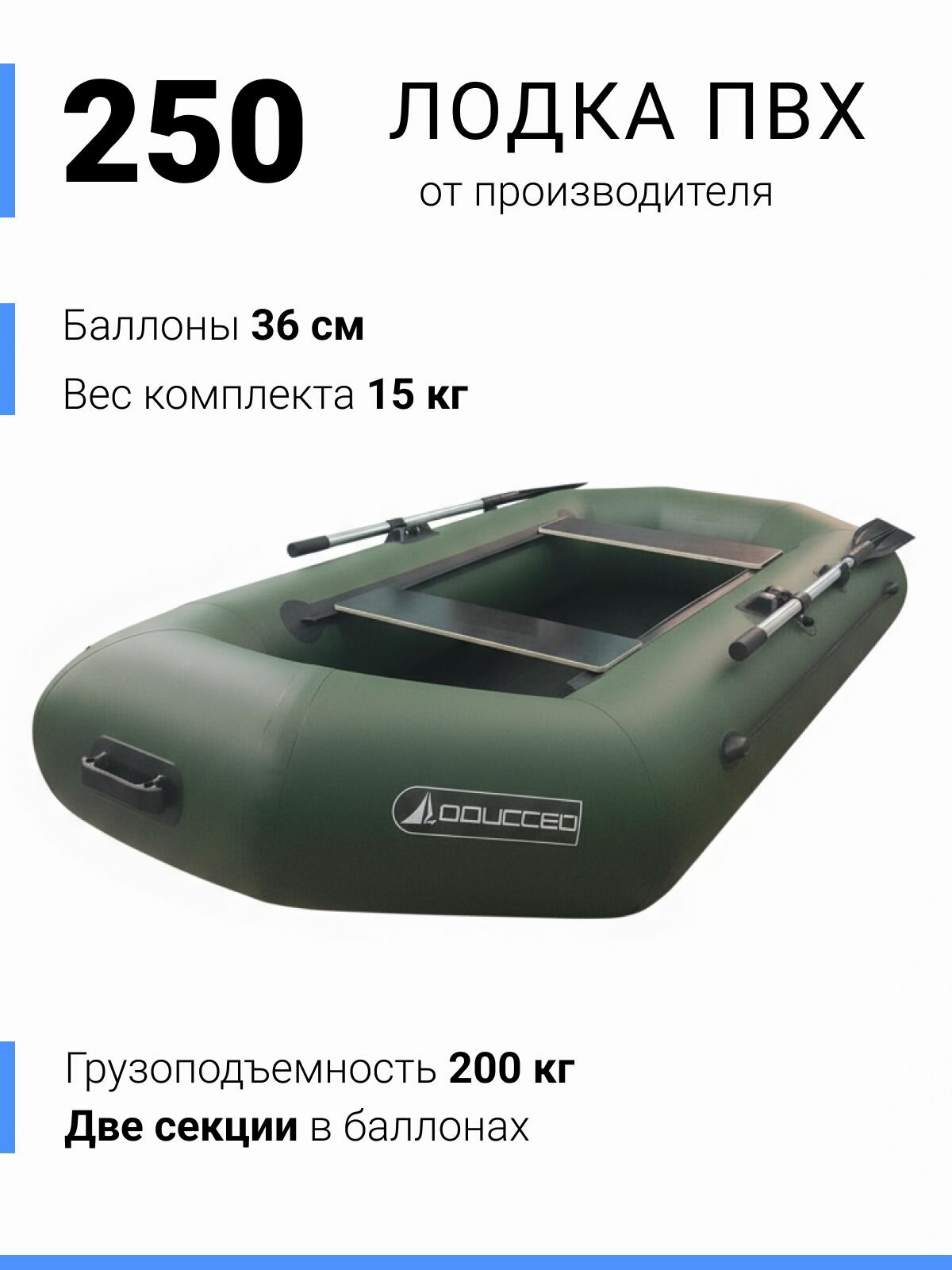Лодка надувная из ПВХ двухместная для рыбалки на веслах 250