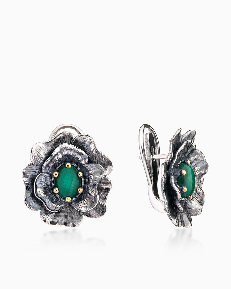 Серьги, серебро, 925 проба, малахит