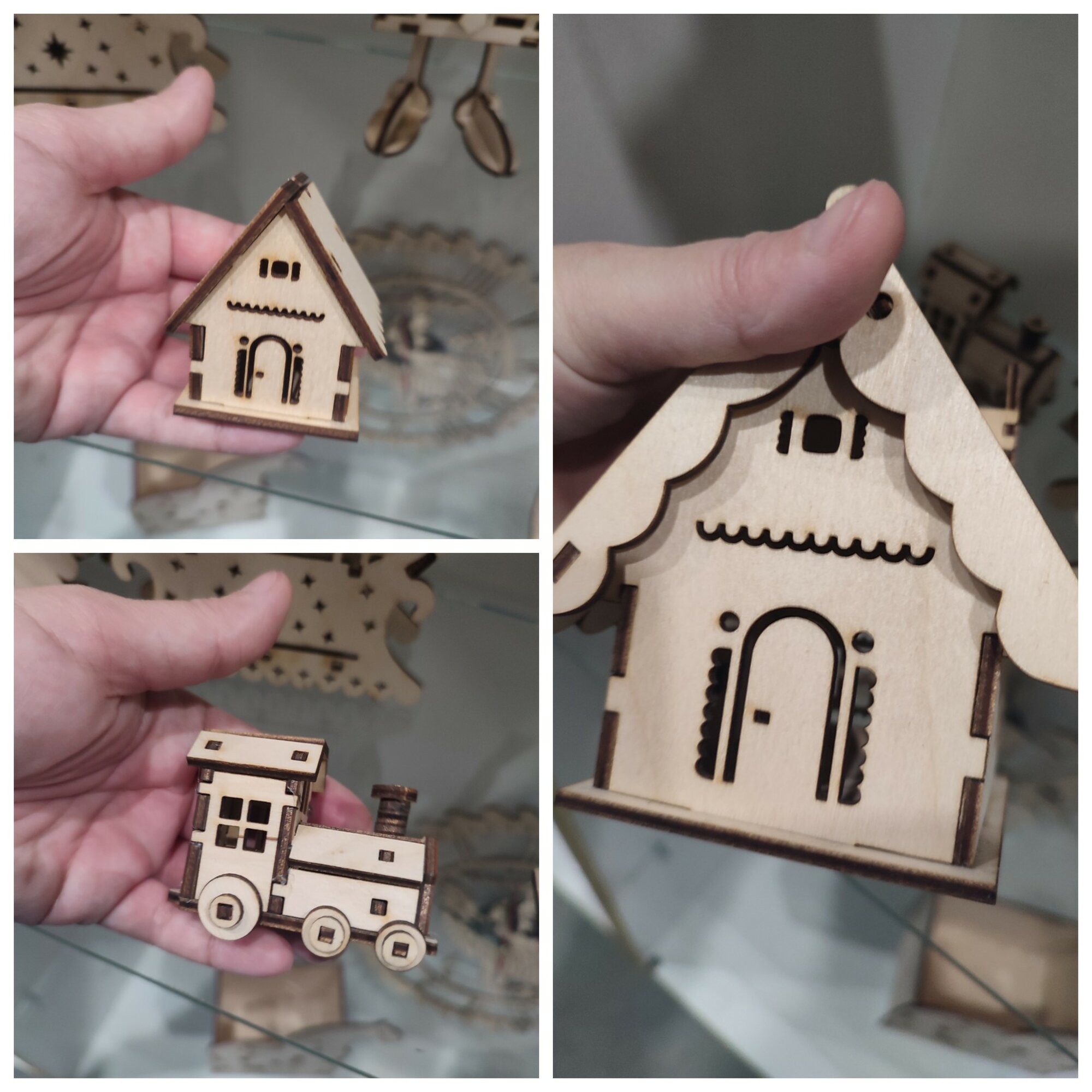 Новогодний декоративный набор из двух домиков и паравозика для интерьера дома, из фанеры. Оригинальное украшение праздника. Отличный подарок друзьям и близким. Можно использовать для творчества взрослых и детей.