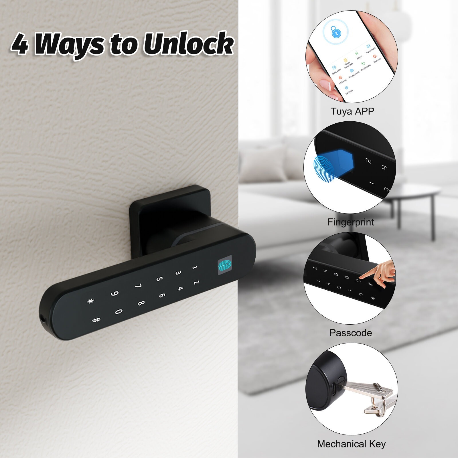 Умный дверной замок с ручкой и отпечатком пальца 4 в 1, бесключевой доступ, приложение Tuya, коды доступа, умная электронная дверная ручка, дверная ручка для входной двери, спальни, квартиры, отеля