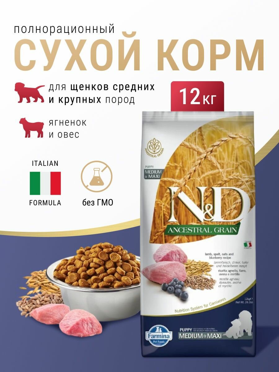 Farmina Puppy Medium and Maxi Сухой низкозерновой корм для щенков средних и крупных пород, с ягненком, спельтой, овсом и черникой, 12кг