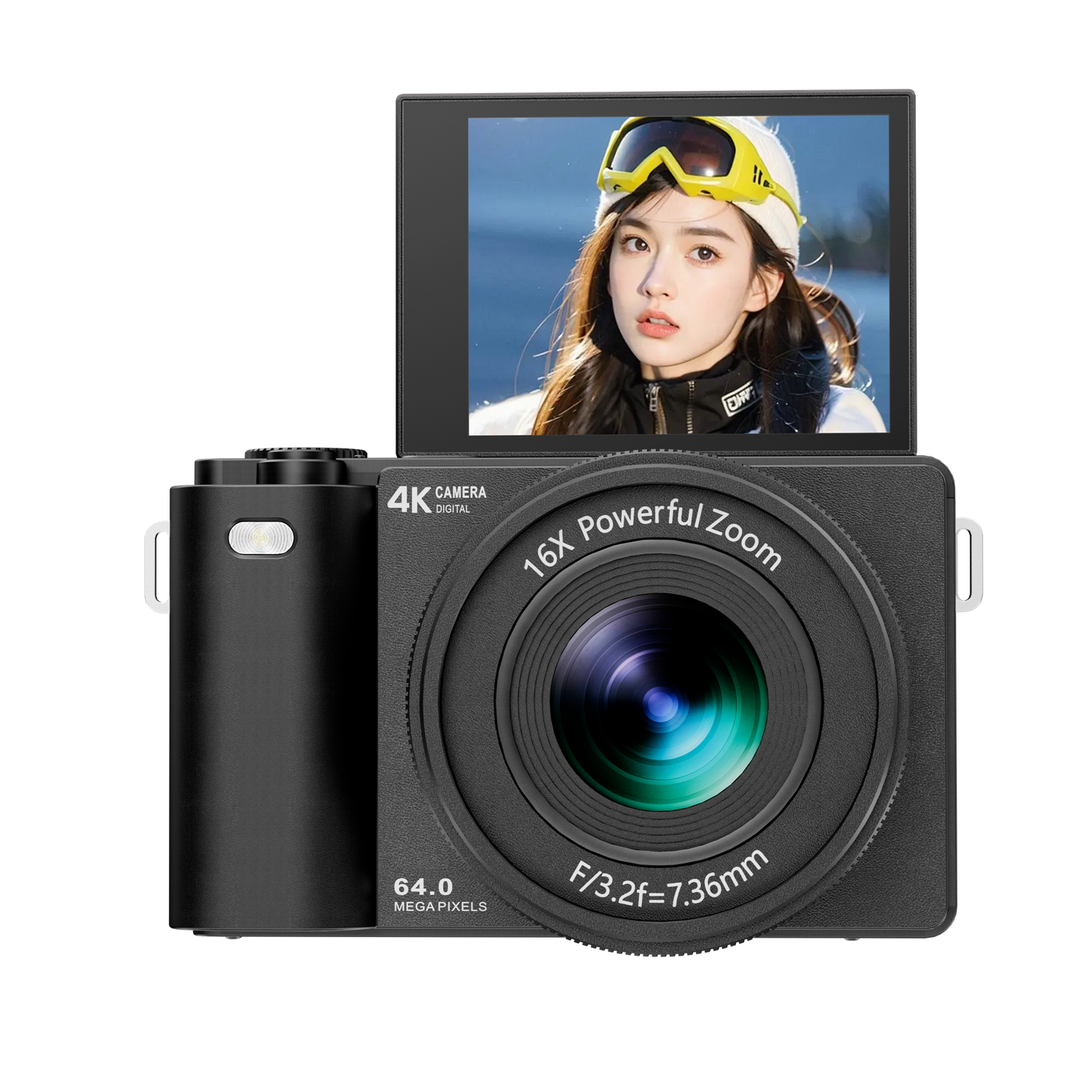 Камера цифровая D1, экран IPS HD 2.8 дюйма, оптический зум 16x, батарея 2000mAh, зеркало переворачиваемое на 180°, пиксели 64MP, автофокус AF, вспышка LED, электронная стабилизация изображения, черный цвет