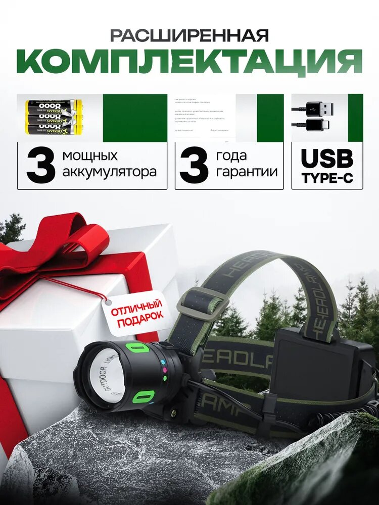 Налобный фонарь LASER, дальность 5000м, 30 часов света, 8 режимов, Ultra Zoom, USB-зарядка, черный — фото 1