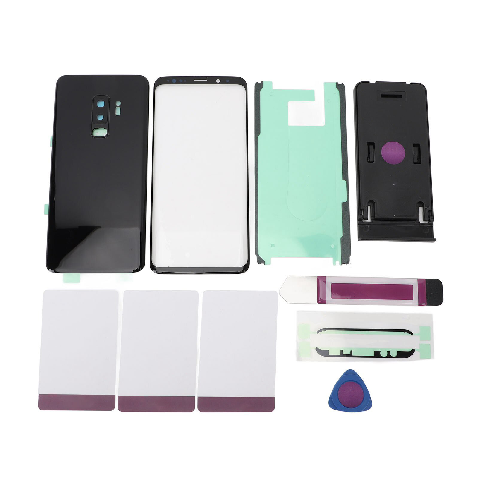 Передняя внешняя линза стеклянная стеклянная задняя стеклянная крышка замены корпуса с предварительно установленным инструментами для ремонта клея для линз для Galaxy S9+Plus Black