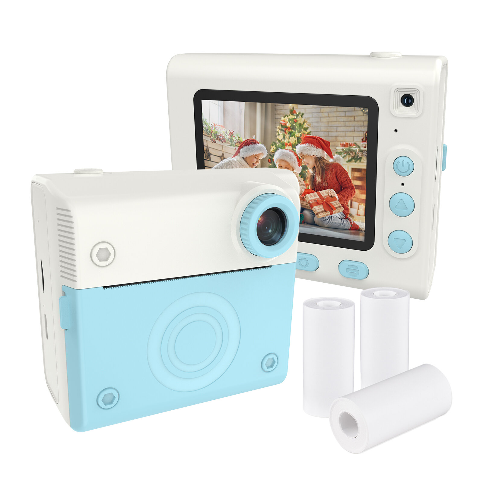 Детская камера с мгновенной печатью Kids Digital Camera 1080P Видеокамера Двойная линза Экран IPS 2.8 дюйма Встроенная батарея Фоторамки 3 рулона термопaper Ремень для шеи Розовый Синий