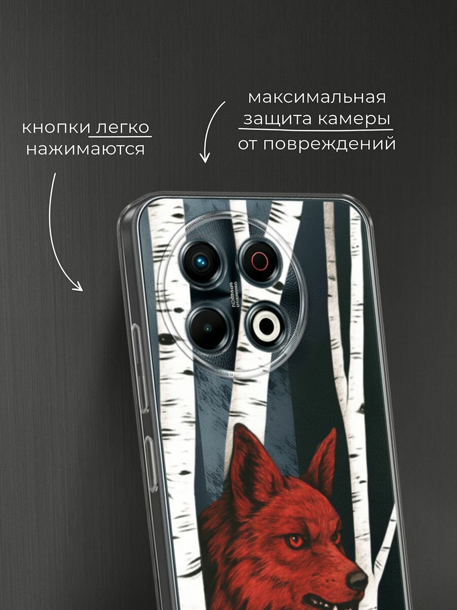 Чехол на Tecno Spark 30 Pro / Текно Спарк 30 Про с принтом Красный волк, прозрачный — фото 1
