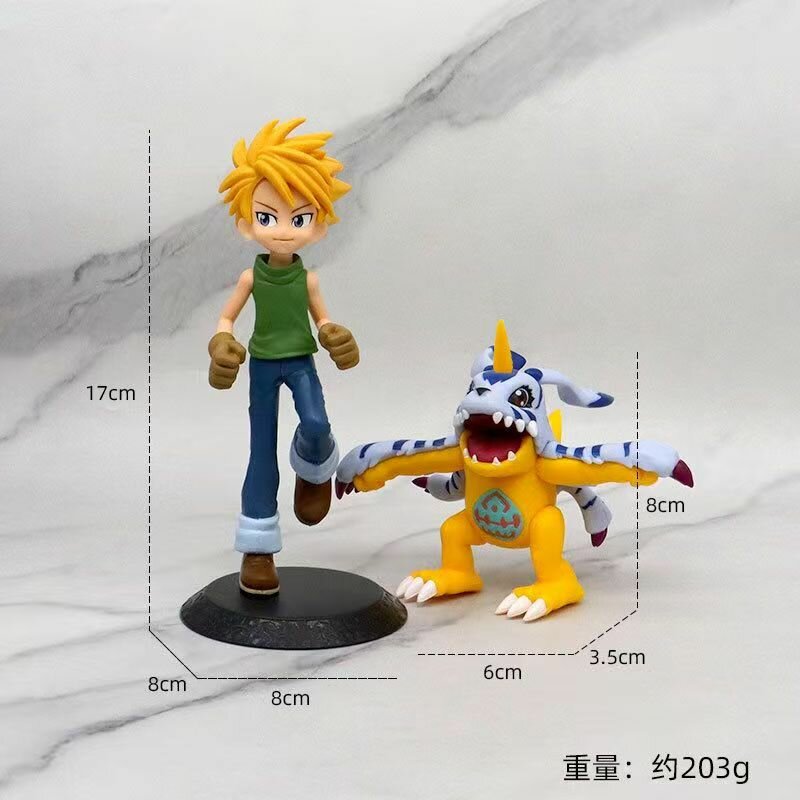 Набор фигурок персонажей аниме Digimon, включающий Таичи Ягами, Агумона и Габумона, идеально подходит для украшения рабочего стола.