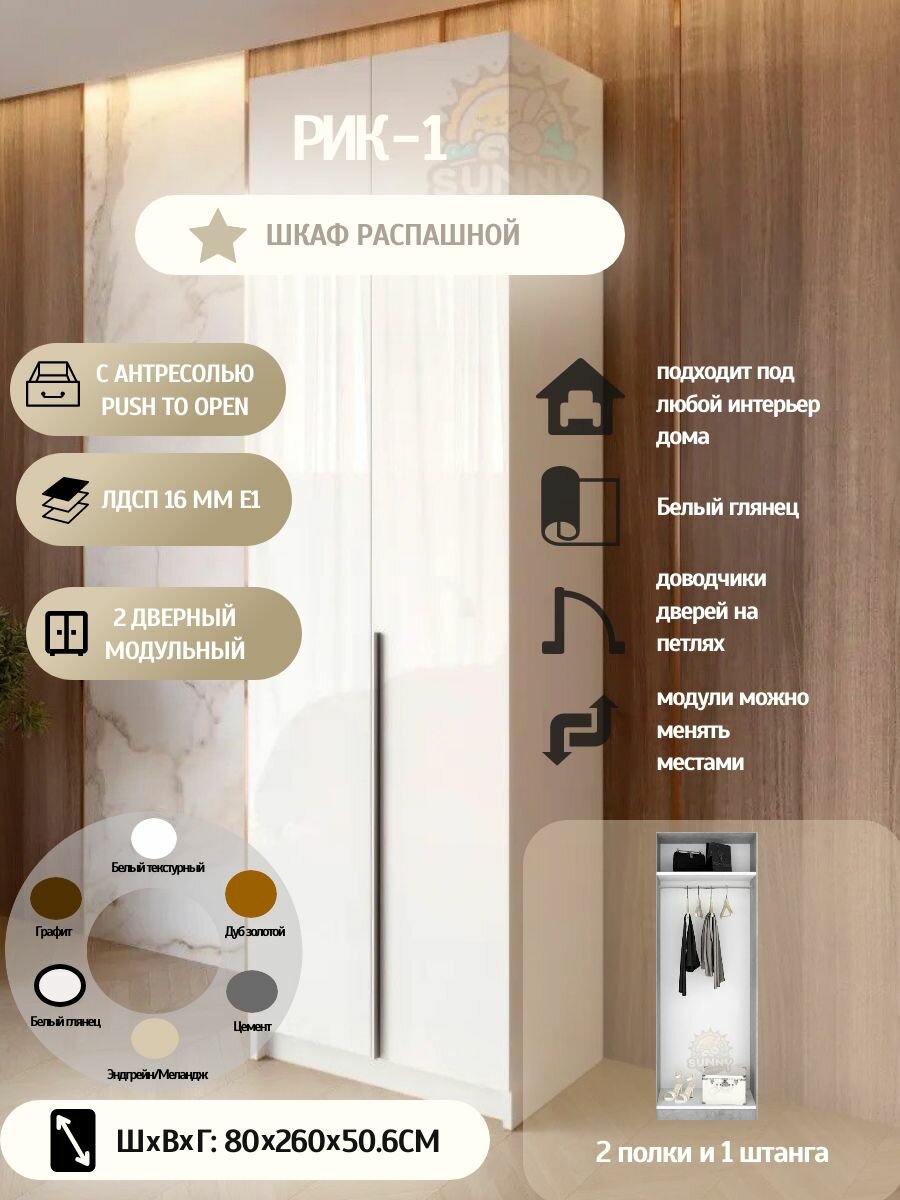 Шкаф распашной РИК 1, 2х дверный с антресолью, (Белый глянец), 260х80.1х50.6 см.