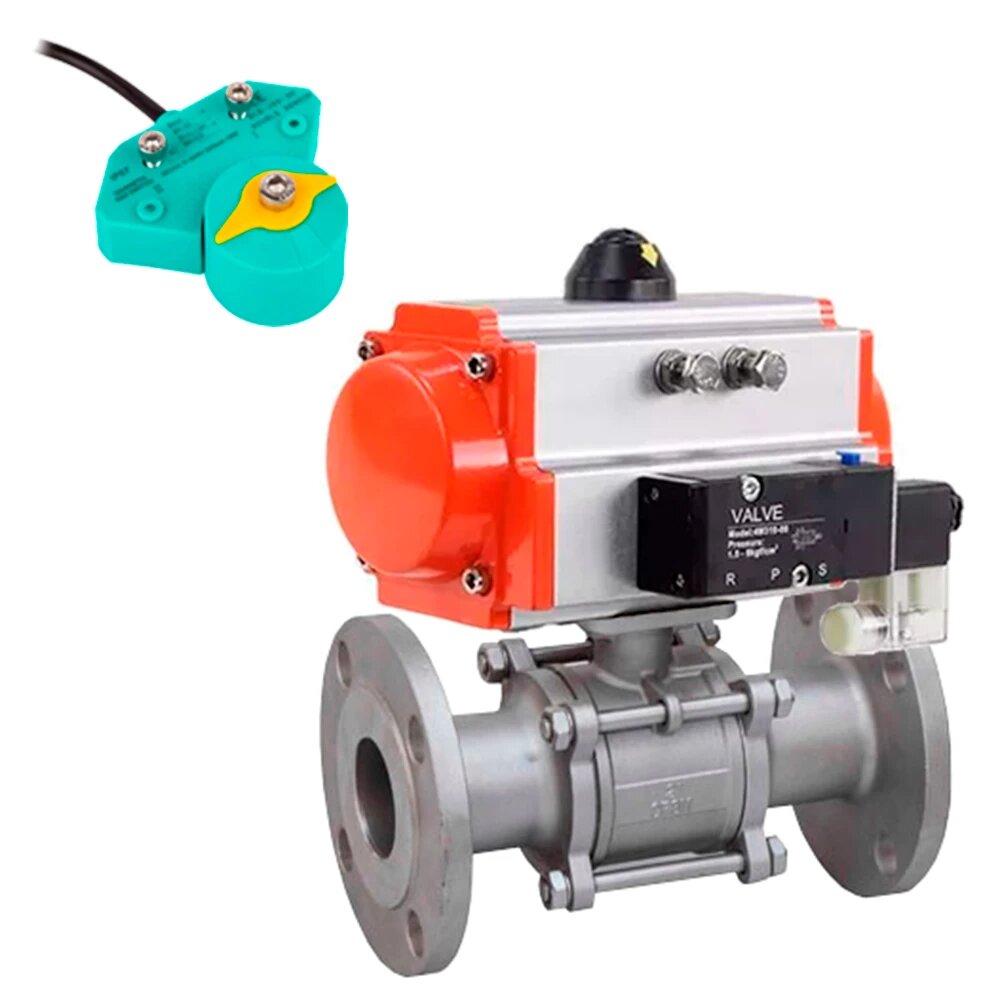 Кран шаровой DN.ru кшфпт 304.180 Ду50 Ру40 фланцевый, полнопроходной, трехсоставной, корпус - нержавеющая сталь 304, уплотнение - PTFE, с пневмоприводом DA-065, пневмораспределителем PND2-S1EM-52-1NC-J08-24VDC и магнитным переключателем МППП-200