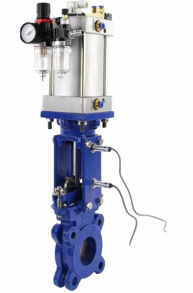 Задвижка шиберная DN.ru WCB-304-M-1W-Fb-2P Ду150 Ру10 межфланц, с выдвижным шпинделем, корпус - сталь WCB, уплотнение - METAL, с пн. приводом, WENZ, пн. распр. PND3-S1EM-52-1NC-J08-220VAC, индукц. датчиками LS-12A3-00NI0-220VAC, БПВ APU1-10-40-V08