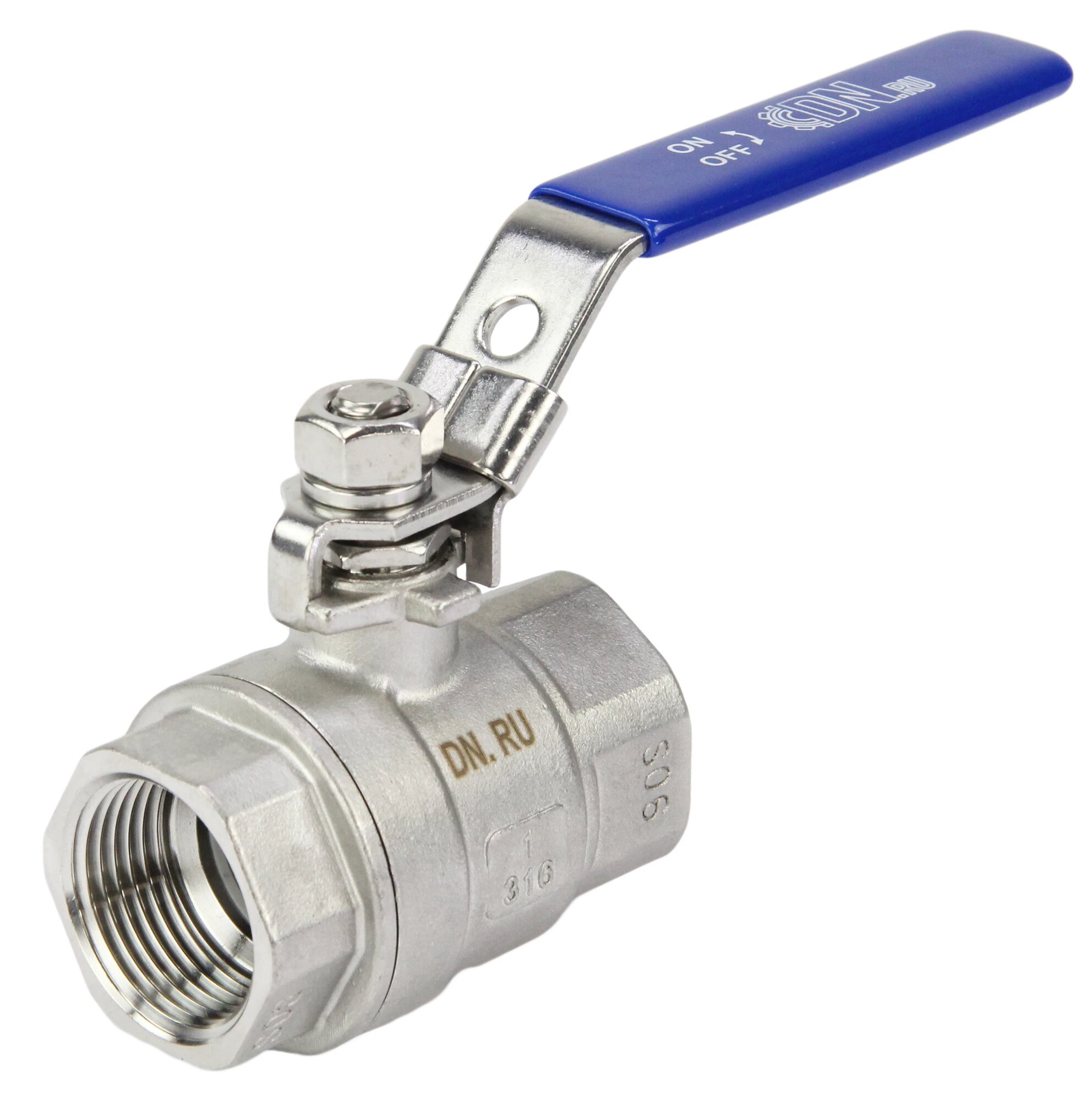 Кран шаровой DN.ru кшмп.316.230 1ʺ Ду25 Ру63 полнопроходной двухходовой, нержавеющая сталь SS316, внутренняя резьба, уплотнение - PTFE, ручка-рычаг