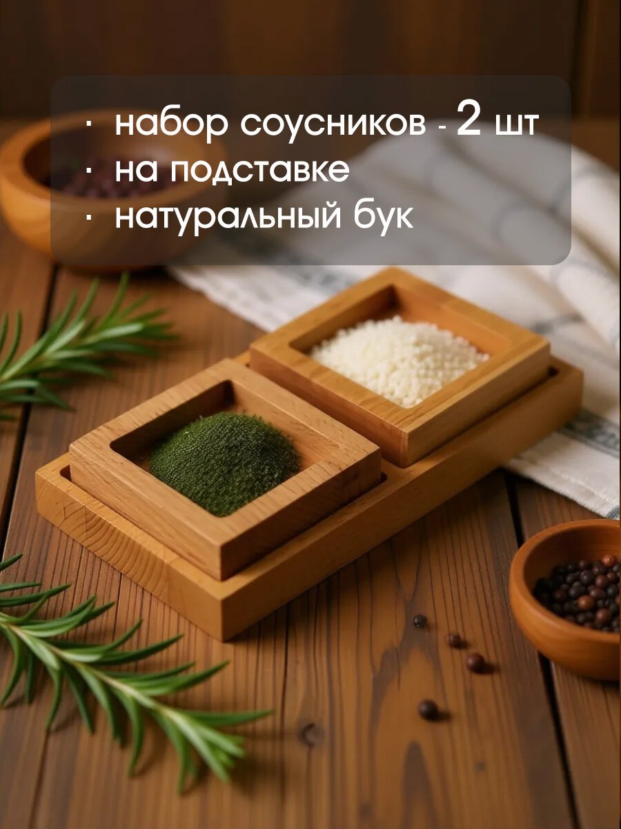 Набор соусников с подставкой из натурального бука, ручная работа