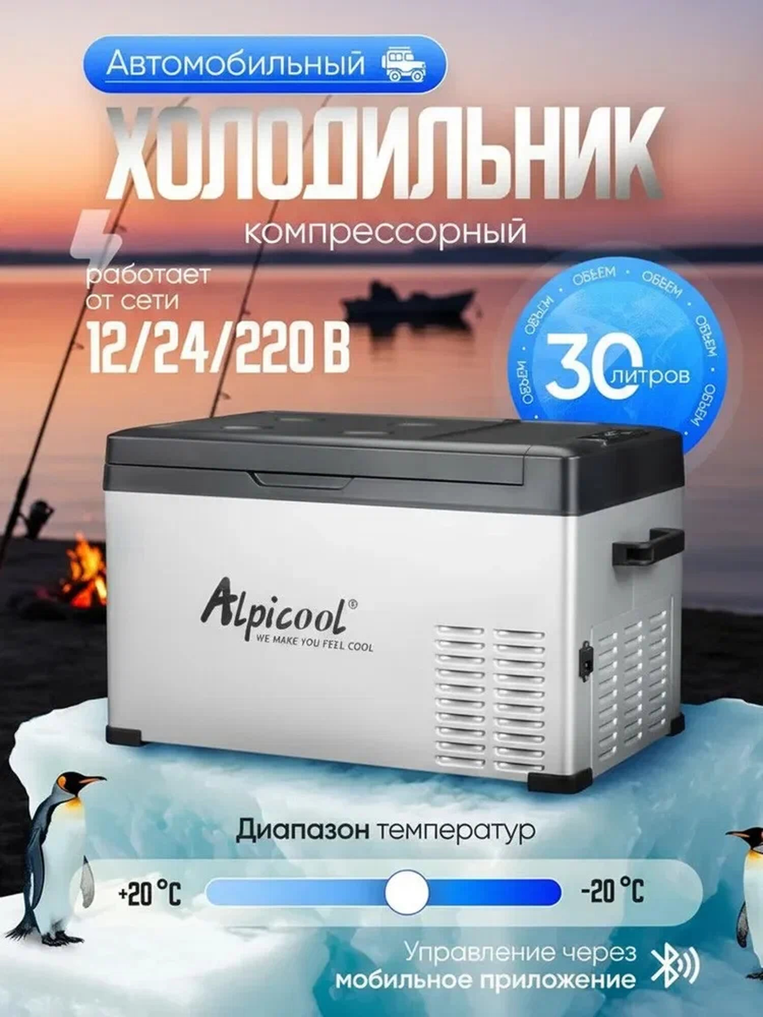 Автохолодильник Alpicool C30 компрессорный переносной / Морозильник Алпикул автомобильный объем 30 л 12/24/220 Вольт
