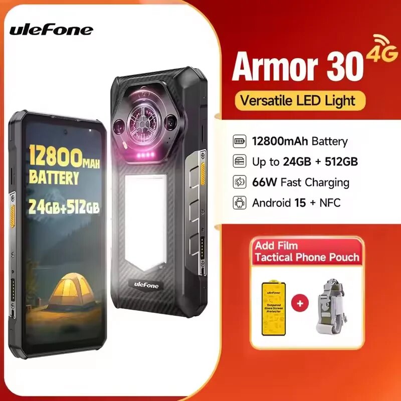 Прочный телефон Ulefone Armor 30, 24 ГБ + 512 ГБ, 6,95 дюйма, FHD, универсальный светодиод, 12800 мАч, Android 15, 64 МП, камера, 66 Вт, глобальная версия, смартфон EU Plug, Add Film UAN07