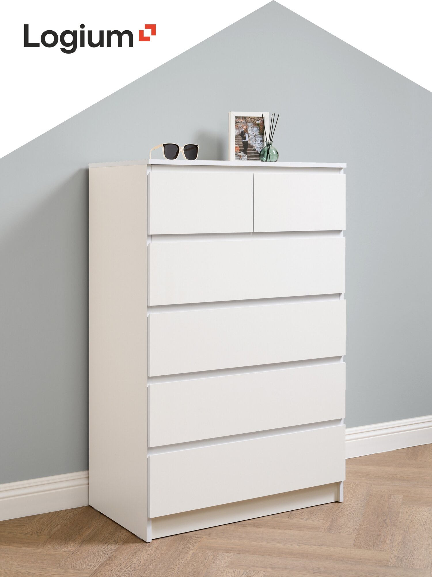 Комод с 6 ящиками, 80*48*123, Белый Шагрень, "Нарвик 16.218"