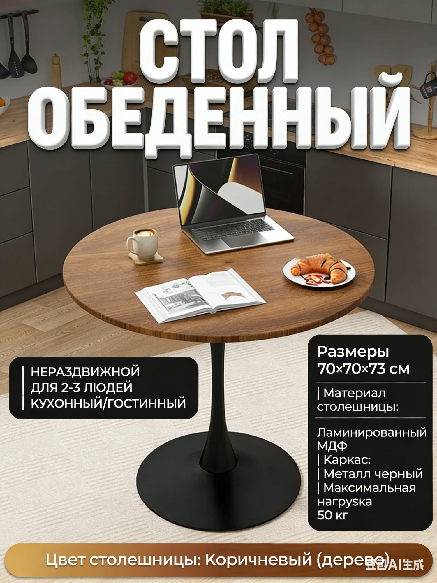 Круглый обеденный стол из массива дерева 70 см с металлическим каркасом — для гостиной, кофейни и обеденной зоны