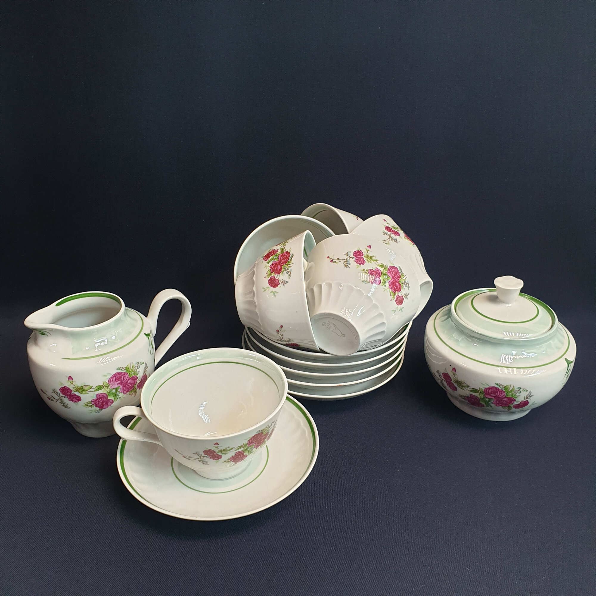 Сервиз на 6 персон 14 предметов, Дулево, фарфор, деколь, перламутр. Винтаж, СССР.