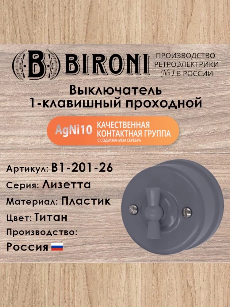 Выключатель проходной 1-клавишный BIRONI Лизетта, пластик, цвет Титан