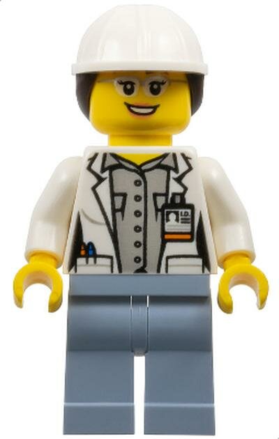Минифигурка Lego cty0693 Volcano Explorer - Female Scientist, White Construction Helmet with Dark Brown Ponytail Hair