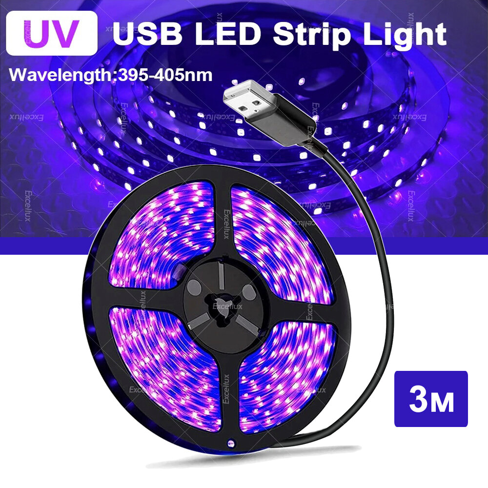 УФ светодиодная лента USB 5в, UV LED Strip Light IP20, 395-400 нм, 3 метра