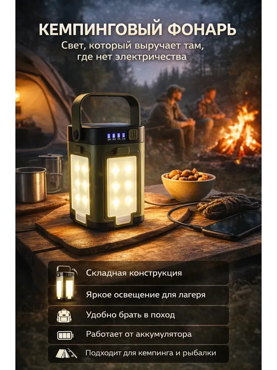 Фонарь аккумуляторный кемпинговый с 4 режимами свечения