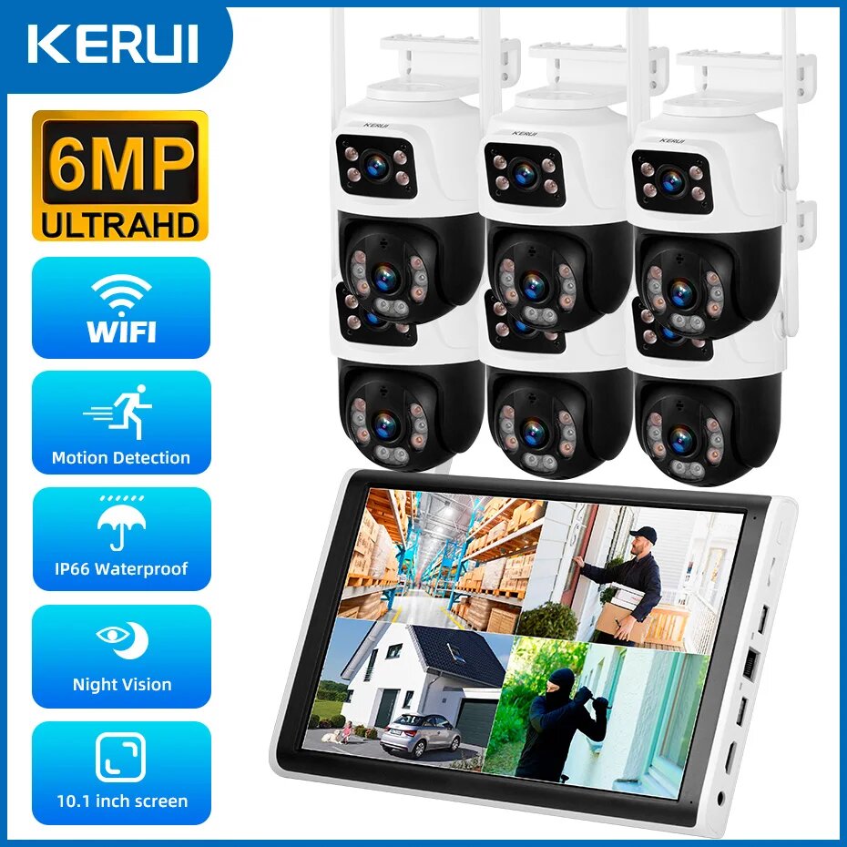 KERUI 8-канальный беспроводной набор NVR с LCD-монитором 10,1 дюйма и камерами безопасности для дома с двойной линзой 6MP Wi-Fi IP, система видеонаблюдения, видеорегистратор для наблюдения