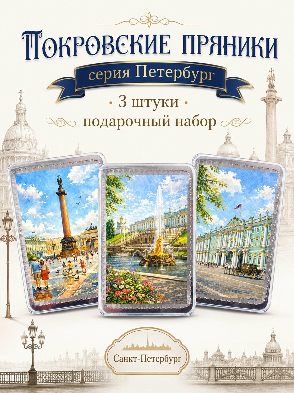 Подарочный набор покровских пряников 3 шт по 140 гр "Дворцовая площадь", "Петергоф", "Эрмитаж"