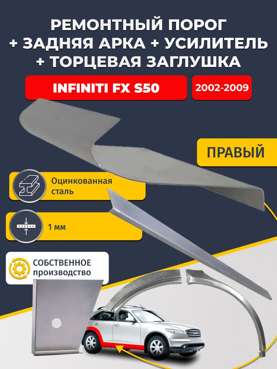 Правая ремонтная задняя арка (0,8 мм) и правый стандартный ремонтный порог + торцевая заглушка + усилитель, на Infiniti FX S50 2002 - 2009 (Инфинити ФХ35). Оцинкованная сталь 1 мм