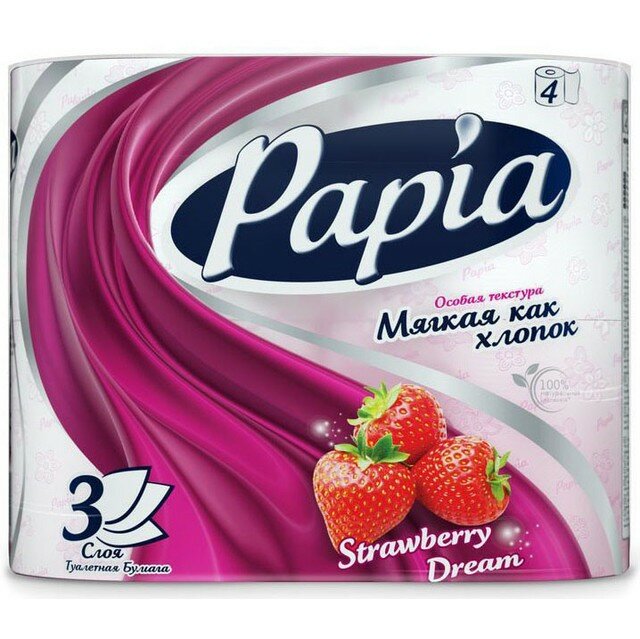 Набор из 3 штук Туалетная бумага Papia белая Strawberry Dream трёхслойная, 4шт