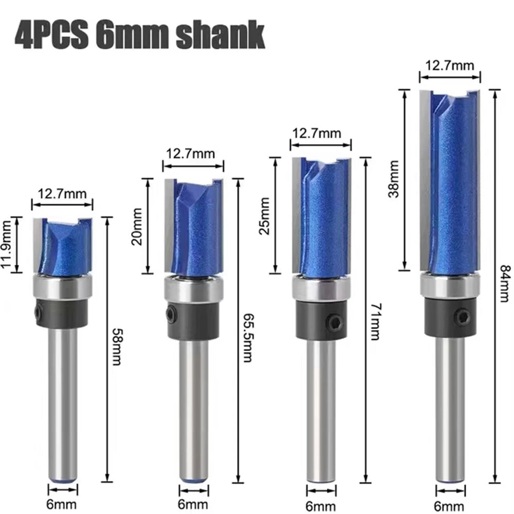 6 8 12 мм 1/4 дюйма 1/2 дюйма SHANK Фреза для заподлицо с 4 лезвиями Деревообрабатывающий 4Pcs 6mm B
