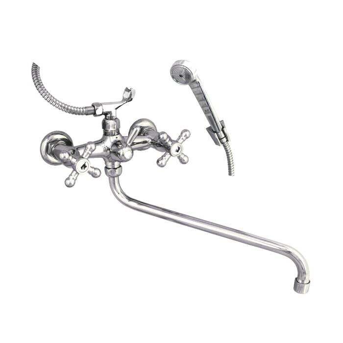 Смеситель для ванны с душем двуручный круглый излив, душевой шланг н/ж сталь, хромированная пластиковая лейка и кронштейн Стандарт ЦС-СМ 600/2-4 К Мет_Крест Центр Сантехники (Подольск) СМ501324