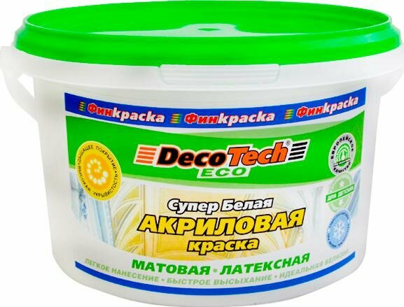 Краска для Стен и Потолков Финкраска DecoTech Eco 3кг Супербелая для Сухих Помещений, Акриловая, Матовая, Латексная / Декотек Эко.