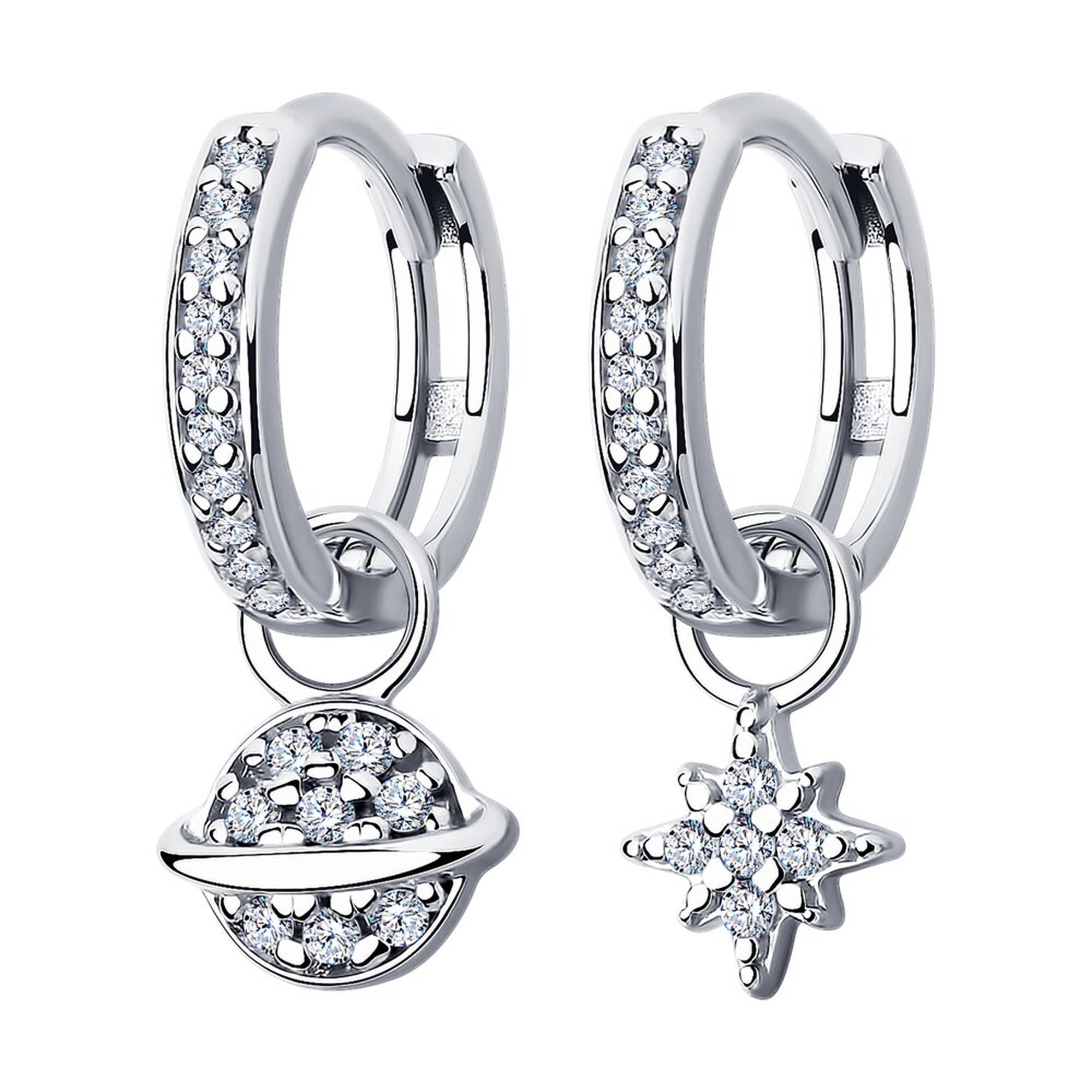 Серьги с подвесками, трансформеры, серебро, 925 проба, родирование, фианит