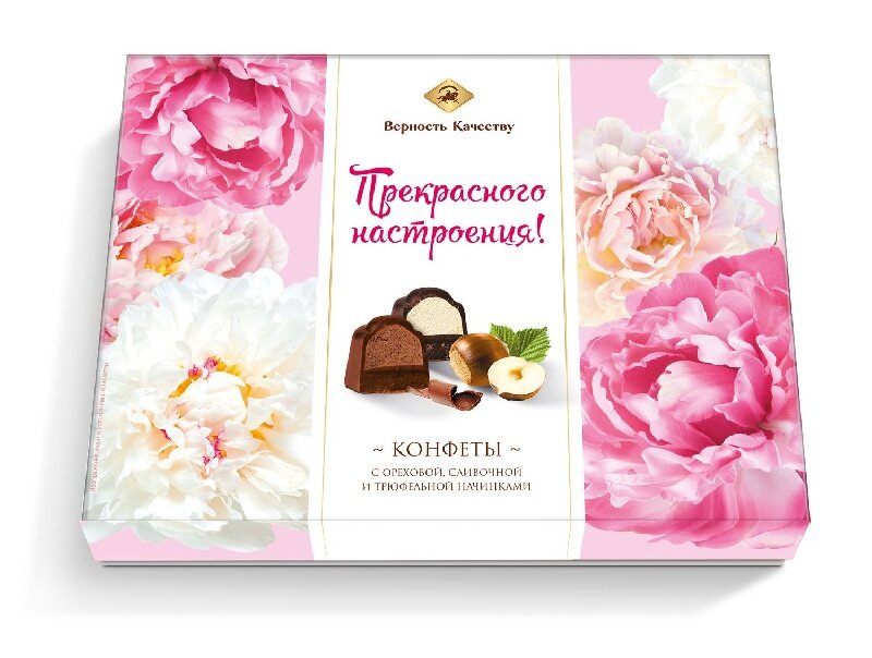Конфеты верность качеству ассорти с орех, сливочной и трюфельной нач. "Пионы" /картон/ 150г