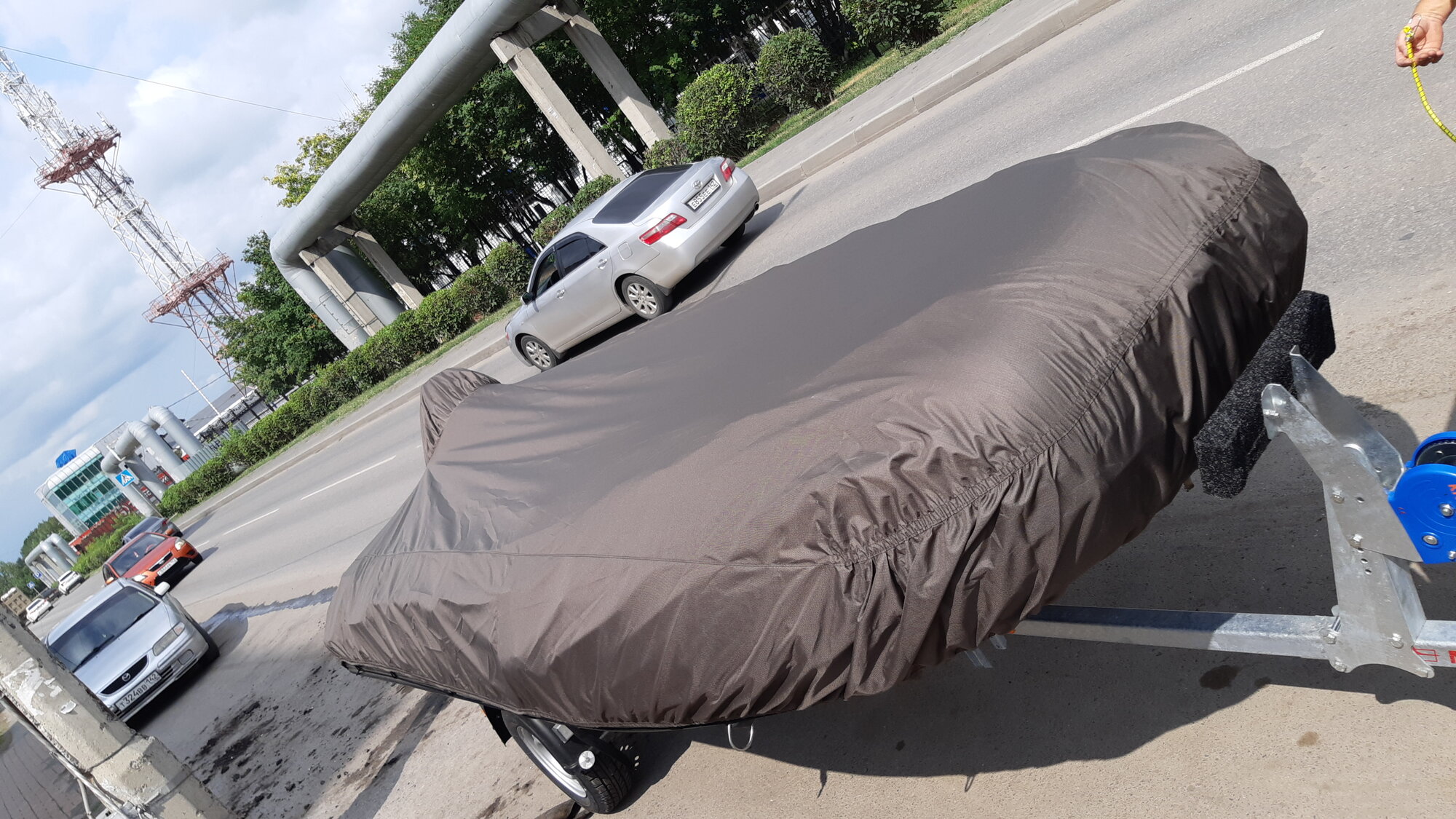 Тент для лодки ПВХ, транспортировочный, с шапочкой для мотора, Oxford 600, Д 380 см * Ш 250 см, Хаки