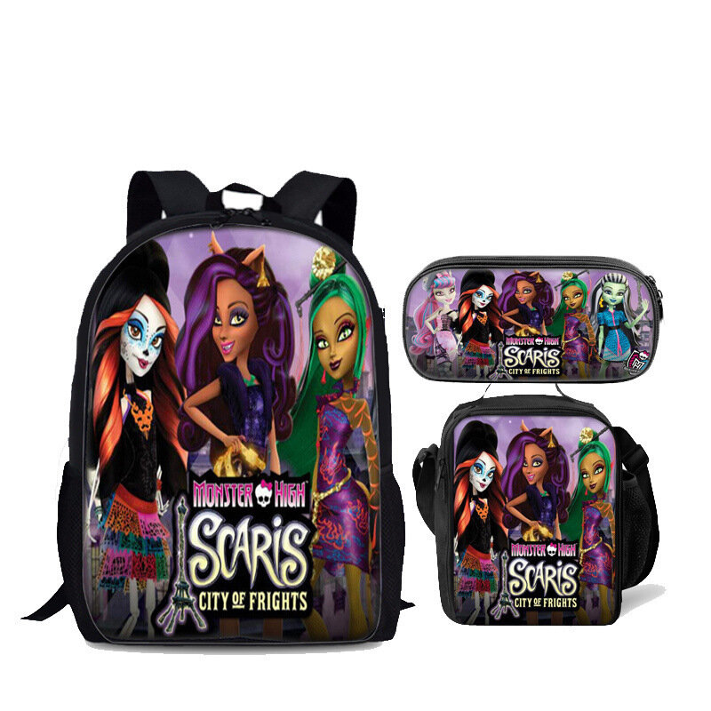 Школьная сумка Monster High с героями мультфильмов, 17-дюймовый комплект из трех предметов, набор рюкзаков большой вместимости для старшеклассников эльфа