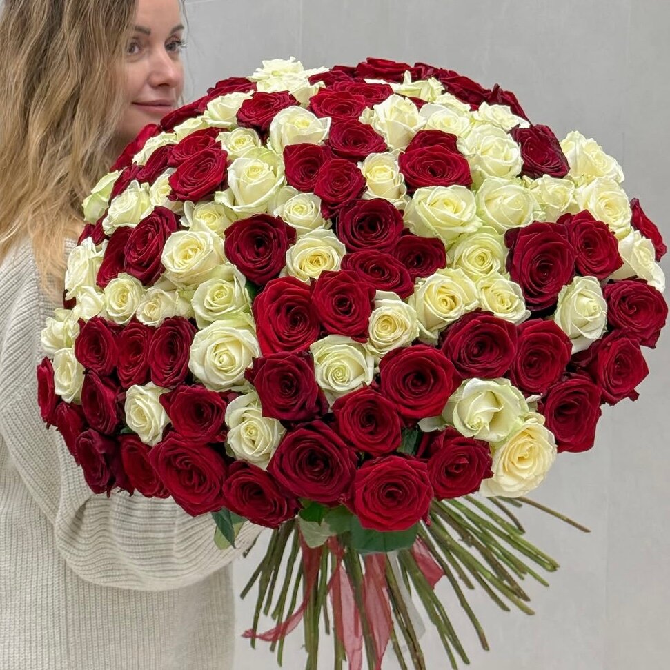 Букет из красных и белых роз 151 шт, красивый букет цветов, шикарный, премиум цветы, премиум букет