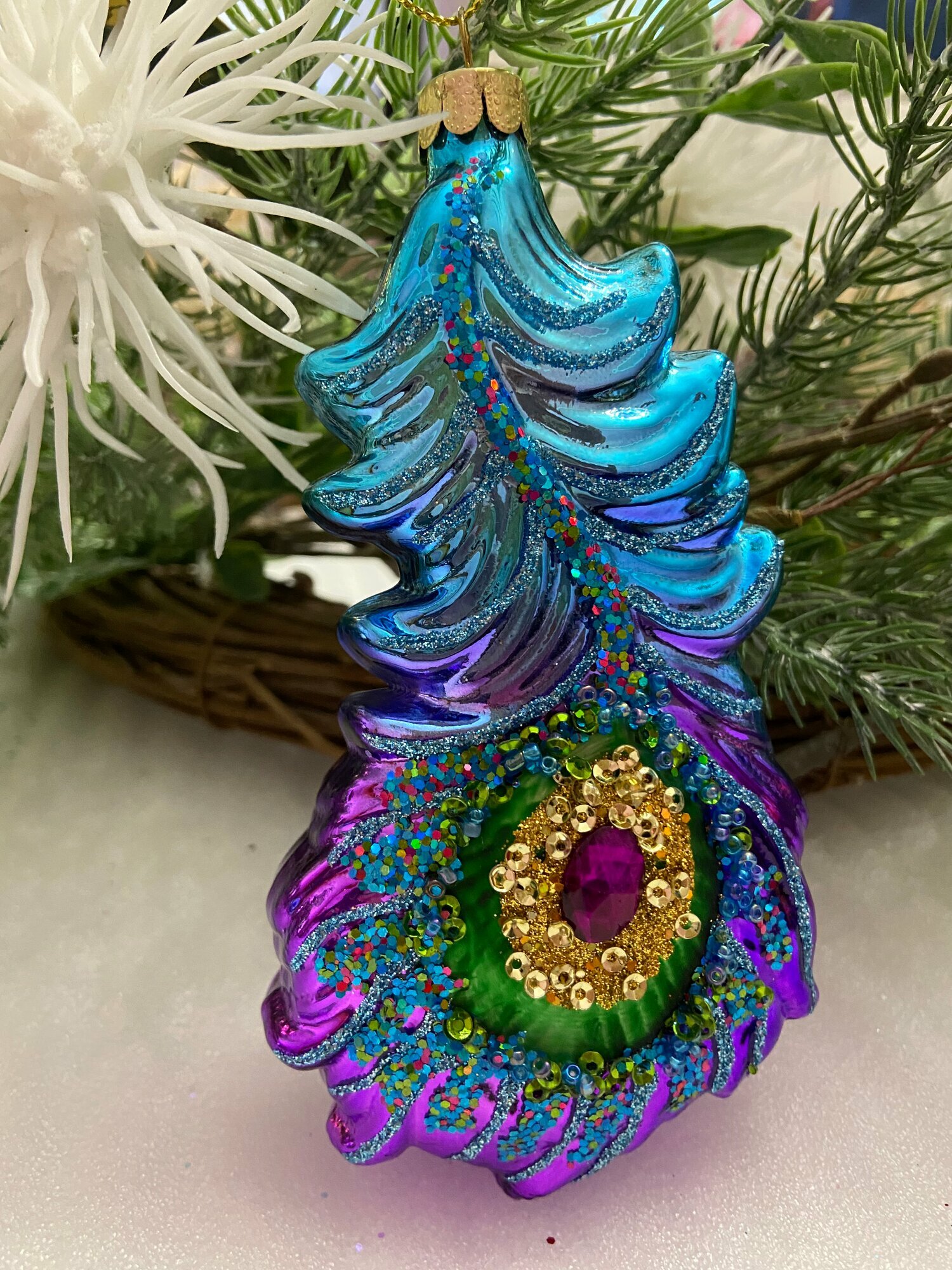 Ёлочная игрушка Перо павлина из стекла Размер 7,5*12,5 см Холидей классик Без подарочной упаковки