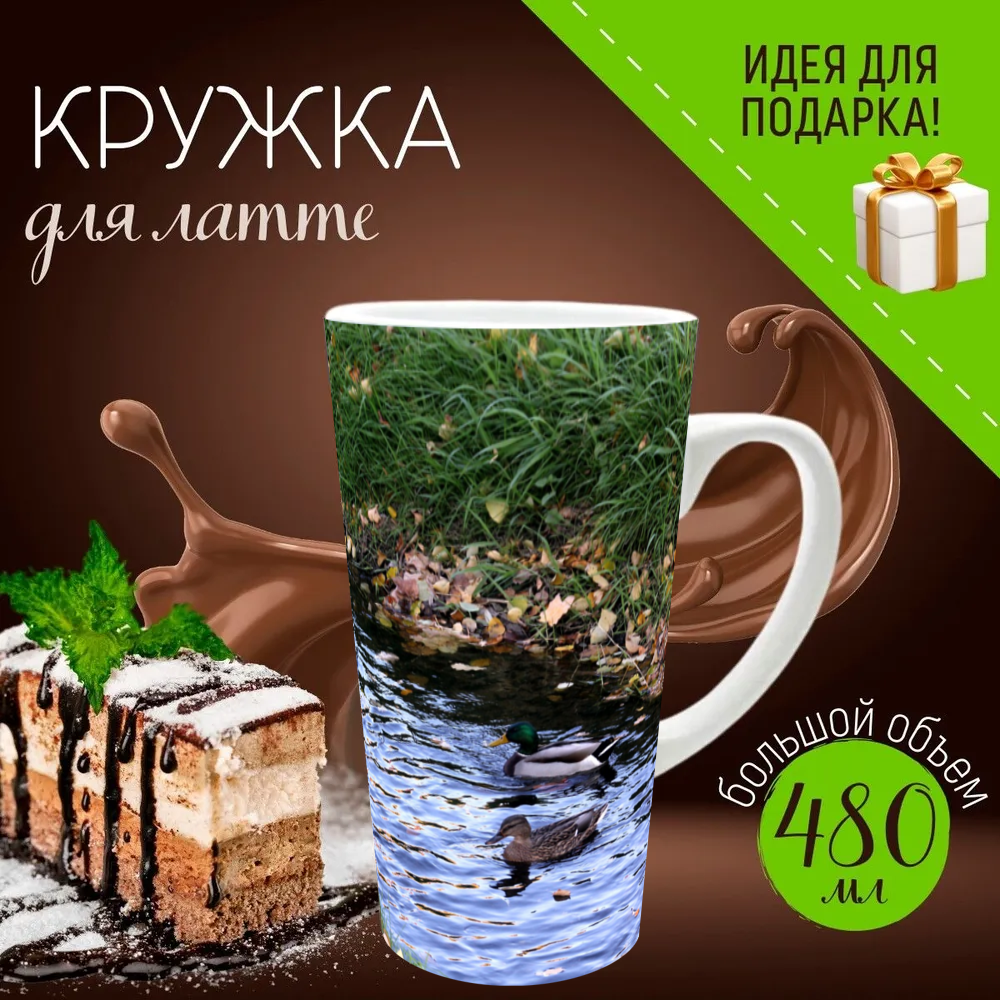 Кружка латте керамическая большая для чая и кофе с прикольным принтом "Утки, пара уток, вода" 500 мл.