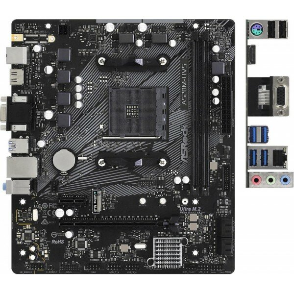 Материнская плата ASRock A520M-HVS, AM4, AMD A520, 2xDDR4, 4xSATA, 1xM.2, 1xPCIe 3.0 x16, 1xPCIe 3.0 x1, 1xHDMI, 1xVGA, 1x 1Gb LAN, 3x3.5 мм, 7.1, mAT