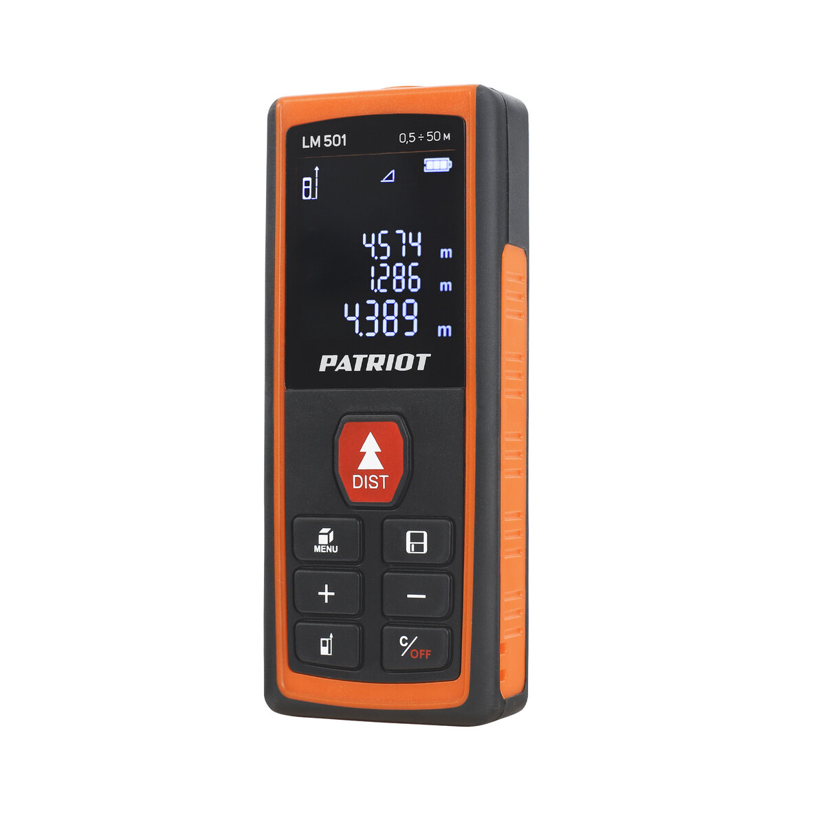 Дальномер лазерный PATRIOT LM 501, макс. дистанция 50 метров, измерение площади, объема, подсветка, память 30 изм, чехол в комплекте, арт. 120201501