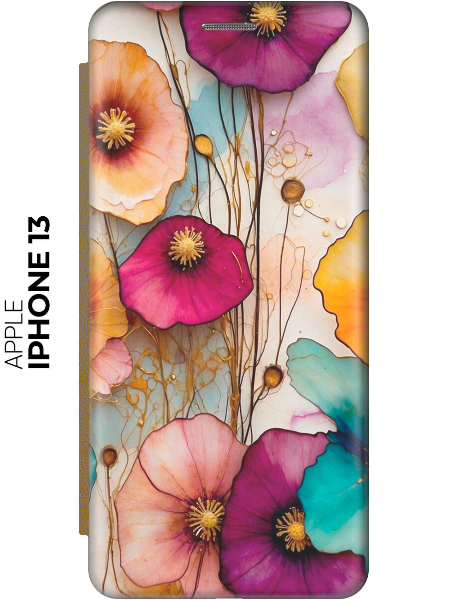Чехол-книжка на Apple iPhone 13 / Эпл Айфон 13 с рисунком "Панно из цветов" золотой