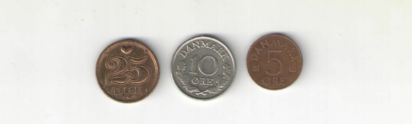 Монеты Дании, 5,10,25 эре 1965-1998