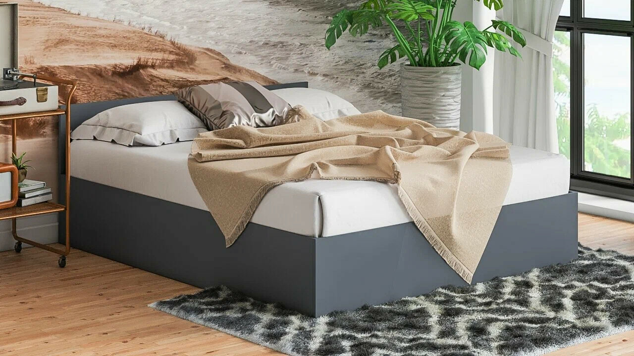 Кровать двуспальная СВК "Мори" ЛДСП 160x200 см, графитовый цвет, с основанием, без ящиков