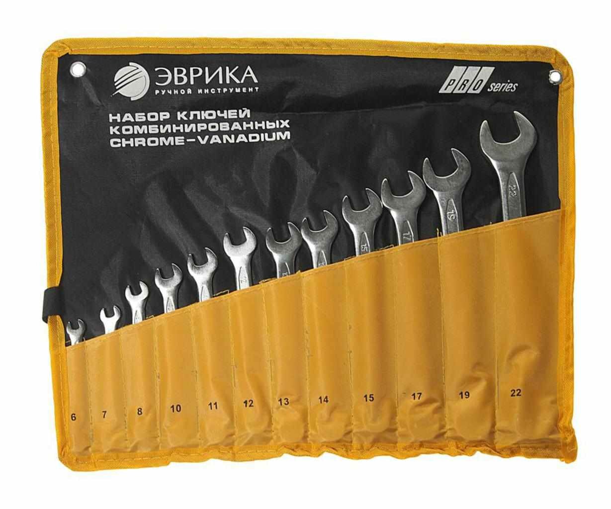 Набор ключей комбинированных 6-22мм 12 предметов в сумке CrV Pro, ER-50120, эврика