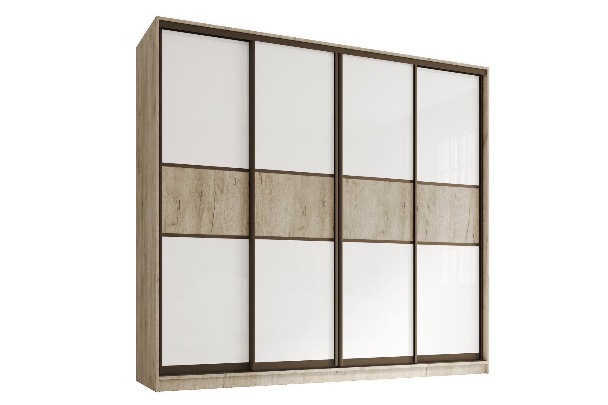 Шкаф купе для одежды Кастелло 4, Oracal белый, МФ-Купе, 260х45х240, белье/платье/белье, дуб крафт серый, профиль коньяк