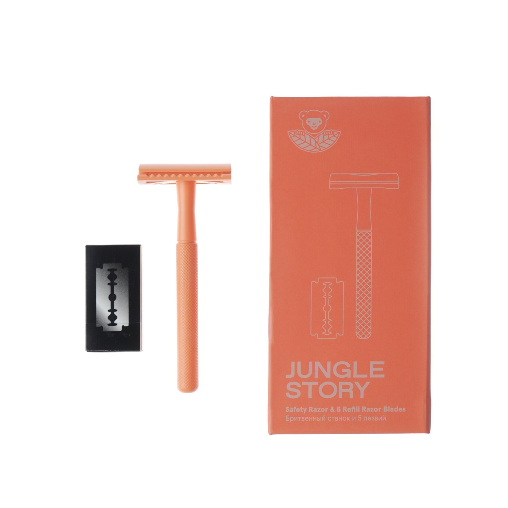 Safety Razor & Refill Razor Blades, Jungle Story (красный апельсин бритвенный Т-образный безопасный станок и 5 лезвий), 1 шт.